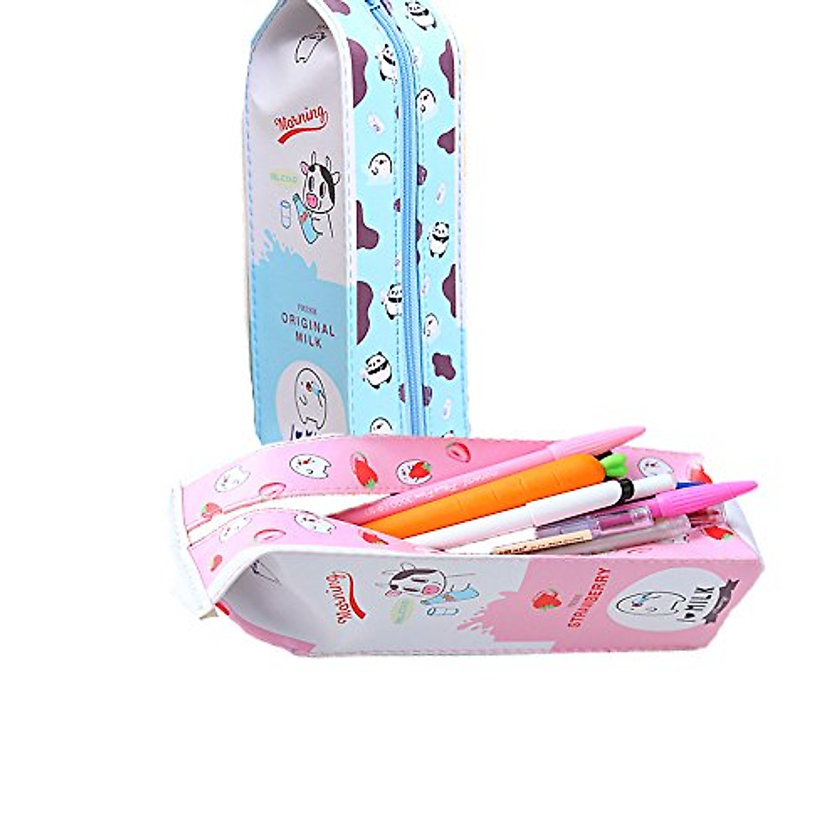 Pack of 2 Cute Pencil Case Box Leather Pencil Holder Pen Pouch Stationery Organizer Cosmetic Bag with Zipper (Blue and Pink Milk) (pinkblue) (Milk2)