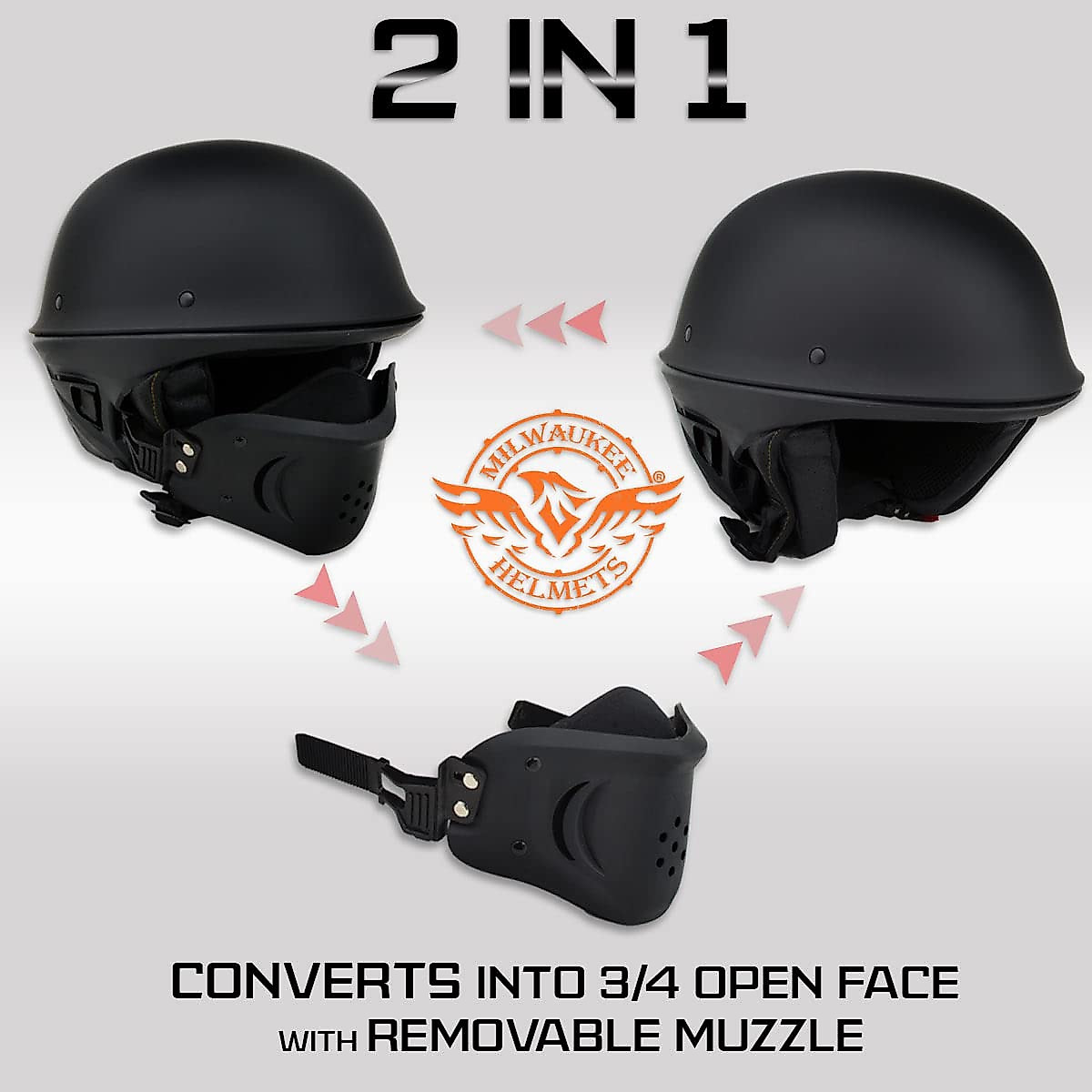 Milwaukee Helmets MPH9830DOT Rascal 3/4 Open Face Flat Black 2 in 1 Motorcycle Helmet Biker - Large