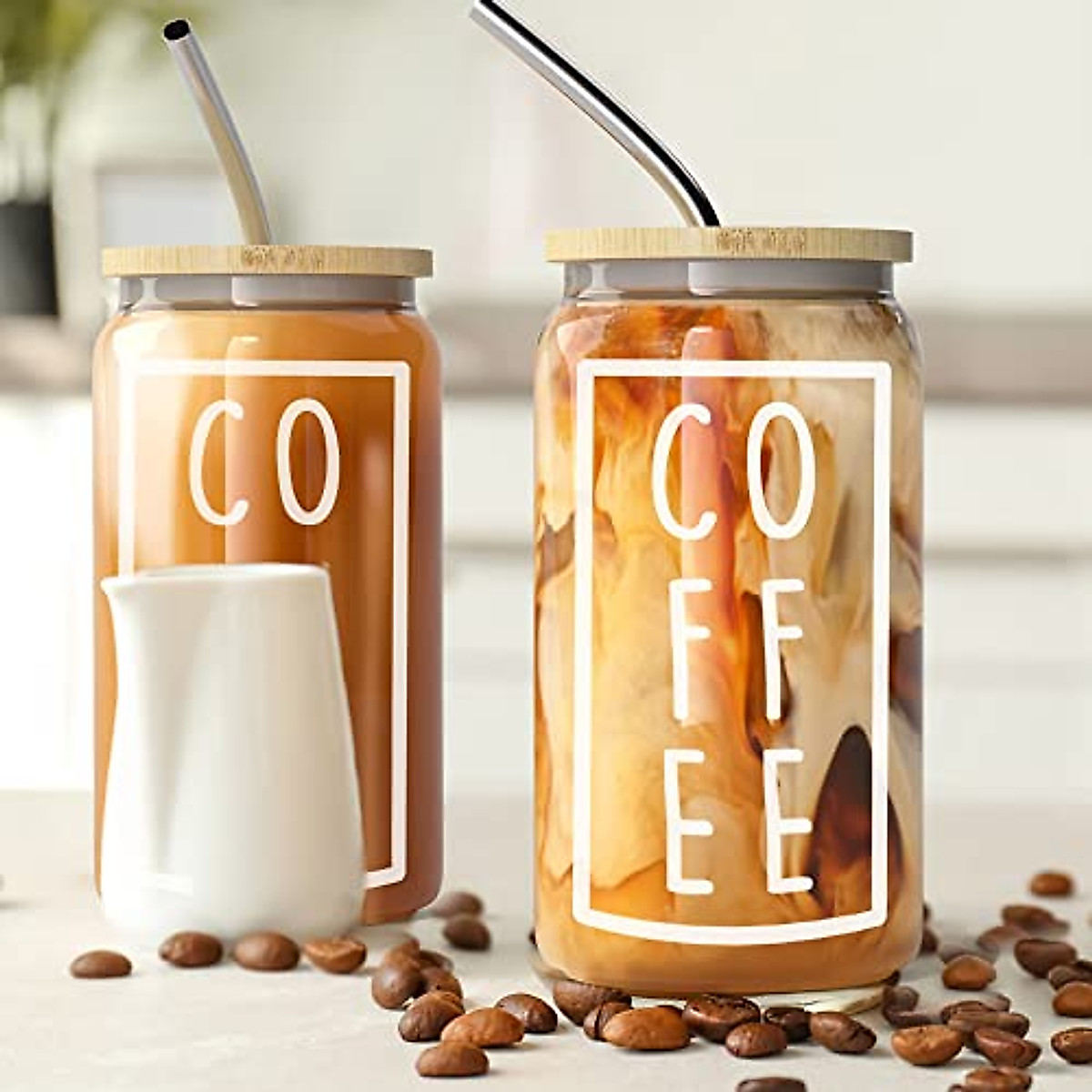 Set of 2 | 16 oz Iced Coffee Cup with Bamboo Lids + Straws | Mason Jar Cups & Iced Coffee Tumbler with Lid and Straw | Glass Cups for Iced Coffee, Boba Cup | Beer Can Glass & Smoothie Cup - Coffee