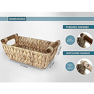 ADO Basics Water Hyacinth Hand Woven Basket with Stain Resistant Polished Wooden Handles, Storage Wicker Baskets 12" Length, 6.29" Width, 4.25 Height, Set of 2