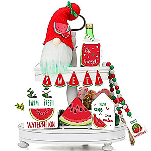 11 Pieces Watermelon Tiered Tray Decor Watermelon Wooden Kitchen Signs Watermelon Gnome Banner Beaded Garland Decor Set My Happy Summer Decor for Summer Fall Rustic Decor (Red)