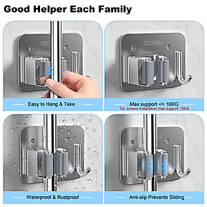 XCIXCI 4 Pack Stainless Steel Mop and Broom Gripper with Hook, Screw Drilling or Self Adhesive Mop and Broom Holder Wall Mount, Storage Rack for Closet Laundry Garage Garden Tool Organizer, Silver…