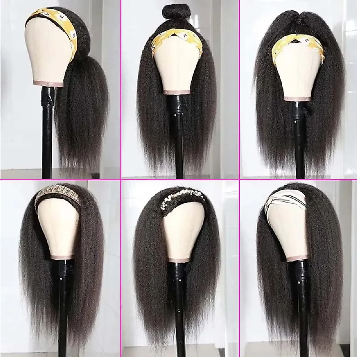 Szphoxer Kinky Straight Headband Wigs for Women Synthetic Headband Wig Long Yaki Straight Hair Wigs With Headband Attached 24 inch Full Machine Made None Lace Front Wig Natural Black Color