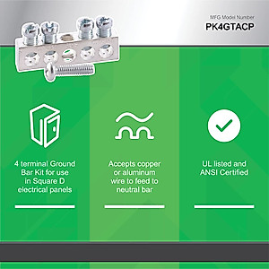 Square D by Schneider Electric PK4GTACP 4 Terminal Ground Bar Kit, Pack of 1, Silver