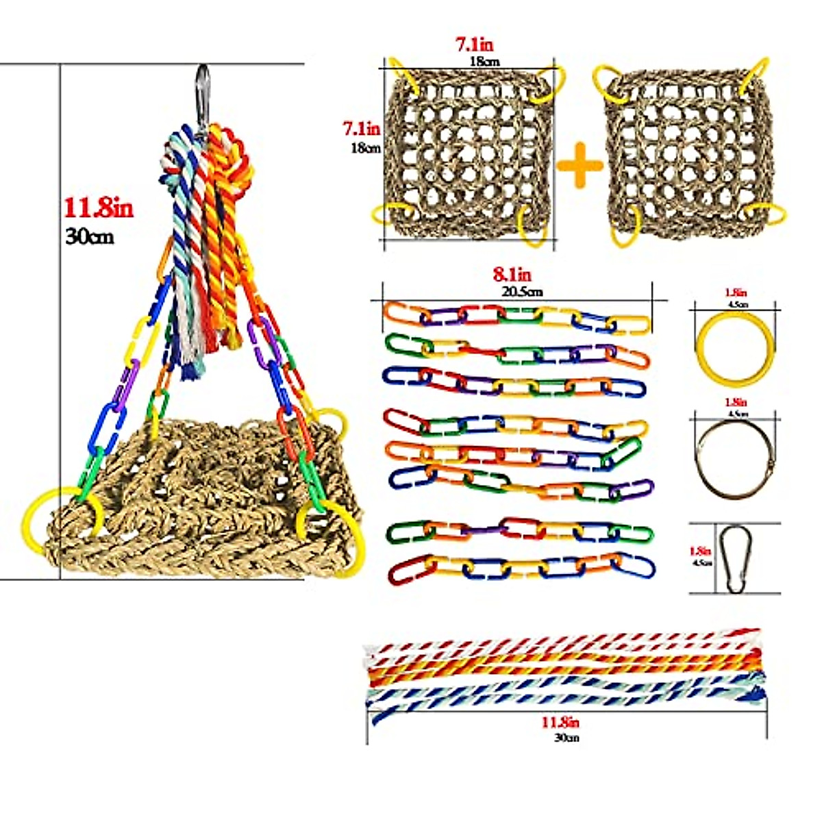 Bird Foraging Cage Toy, Seagrass Woven Climbing Hammock Swing Mat with Colorful Chewing Rope Toys, Suit for Lovebirds, Finch, Parakeets, Conure, Cockatiel