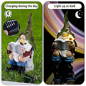 TemwJa Solar Outdoor Garden Statues, Handmade Resin Garden Gnome Statues with LED Lights, Statues Garden Gnomes on The Porch, Courtyard, Lawn, Artistic Garden Decor-Reading Statue