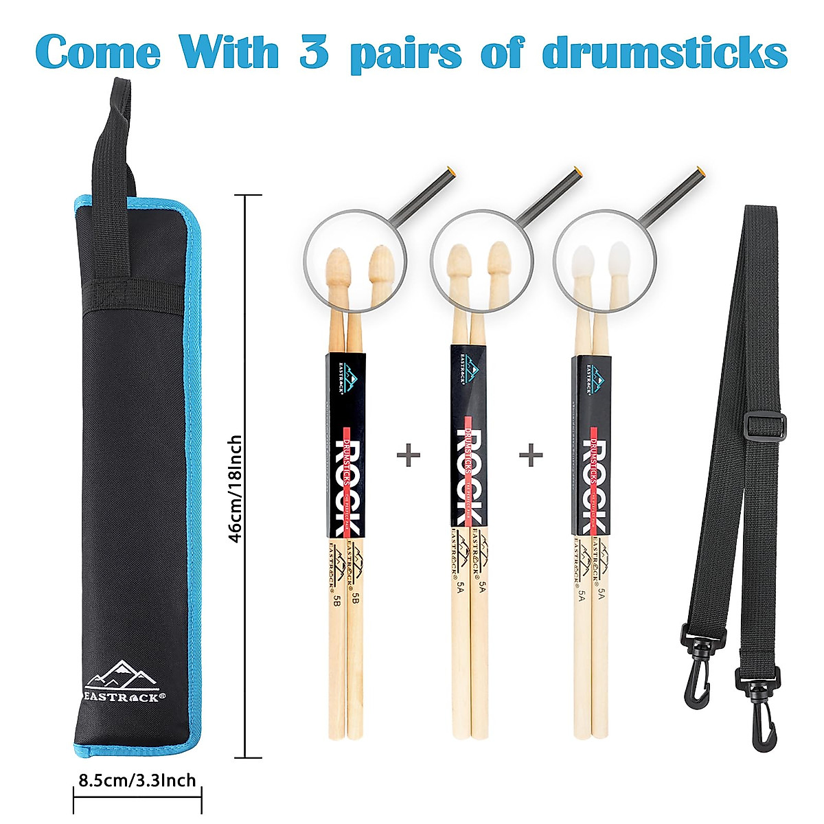EASTROCK Drum Sticks Bag with 3 Pair Drumsticks, Drumstick Bag Drum Sticks Holder with Floor Tom Hook, Carrying Strap (Black)
