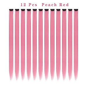 12PCS Colored Pink Hair Extensions Party Highlights Colorful Clip in Hair Extensions 22 Inch Straight Synthetic Hairpieces for Women Kids Girls Halloween Christmas Cosplay(Pink)