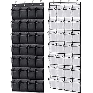 MISSLO 2 Pack 28 Large Pockets Hanging Shoe Rack Door Shoe Organizer Hanging Shoe Storage Hanger for Closet Mesh Holder, Black, White