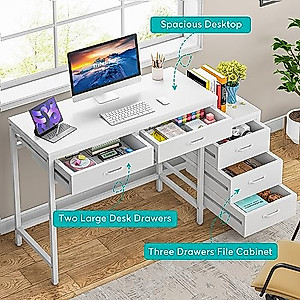 Tribesigns Computer Desk with 5 Drawers, Home Office Desks with Reversible Drawer Cabinet Printer Stand, Industrial PC Desk with Storage, White Study Writing Table Workstation for Small Spaces
