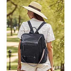 Caitina Backpack Purse for Women Leather Backpack Purse Travel Backpack Fashion Designer Ladies Shoulder Bags With Wristlets(Black)