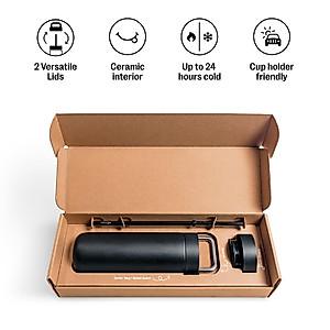 Fellow 20 oz Carter Water Bottle with 2 Lids - Leak-Proof Lid with Metal Handle - Cold Lid with Straw - Ceramic Interior & Vacuum-Insulated Stainless Steel - Matte Black