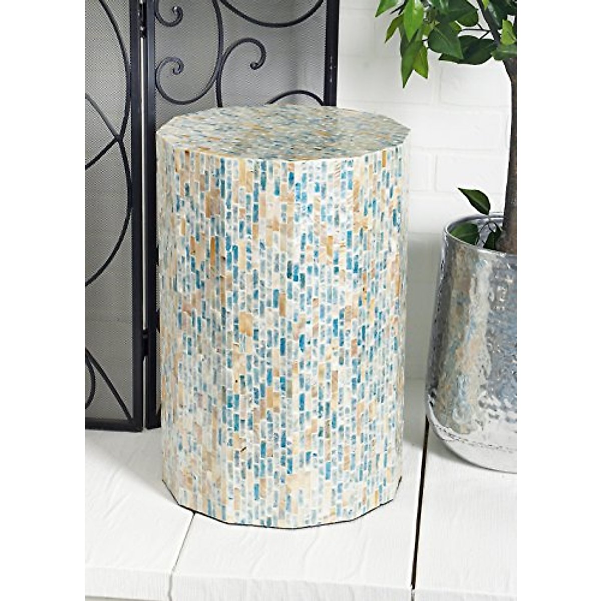Deco 79 Mother of Pearl Shell Handmade Side End Accent Table End Table, Side Table 13" x 13" x 19", Blue