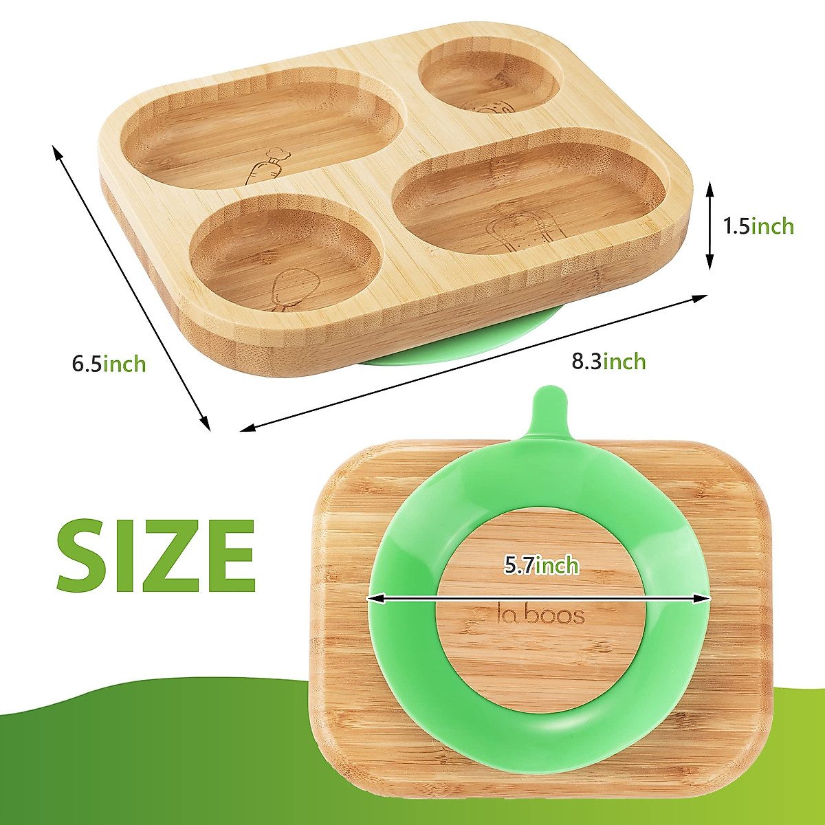 laboos Kid Portion Control Plate - Natural Bamboo Plates for Kids' Healthy Diet - Sturdy Compartment Plates with Suction – Non-Toxic, BPA-Free, Dishwasher Safe - Cute Food Portion Plate for Toddlers