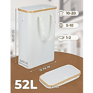 yamagahome Slim Laundry Basket with lid 52L, Collapsible Narrow Laundry Hamper with Removable Washable Laundry Bag, Thin Hamper Storage Basket Made of Bamboo and Oxford for Bedrooms, Bathroom, RV