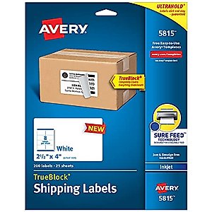 Avery Printable Blank Shipping Labels, 2.5" x 4", White, 200 Labels, Inkjet Printer, Permanent Adhesive (5815)