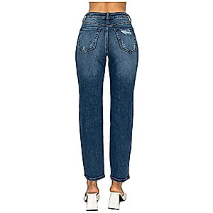 Love Moda Women's High Waist Slim Straight Denim Jeans with Spandex, Dark Blue