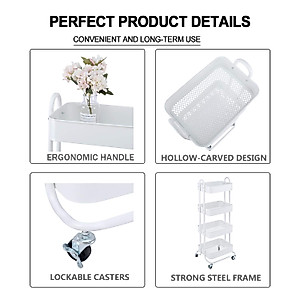 4-Tier Metal Mesh Utility Rolling Cart Storage Organizer Shelf Rack with Lockable Wheels for Living Room Kitchen Office, White