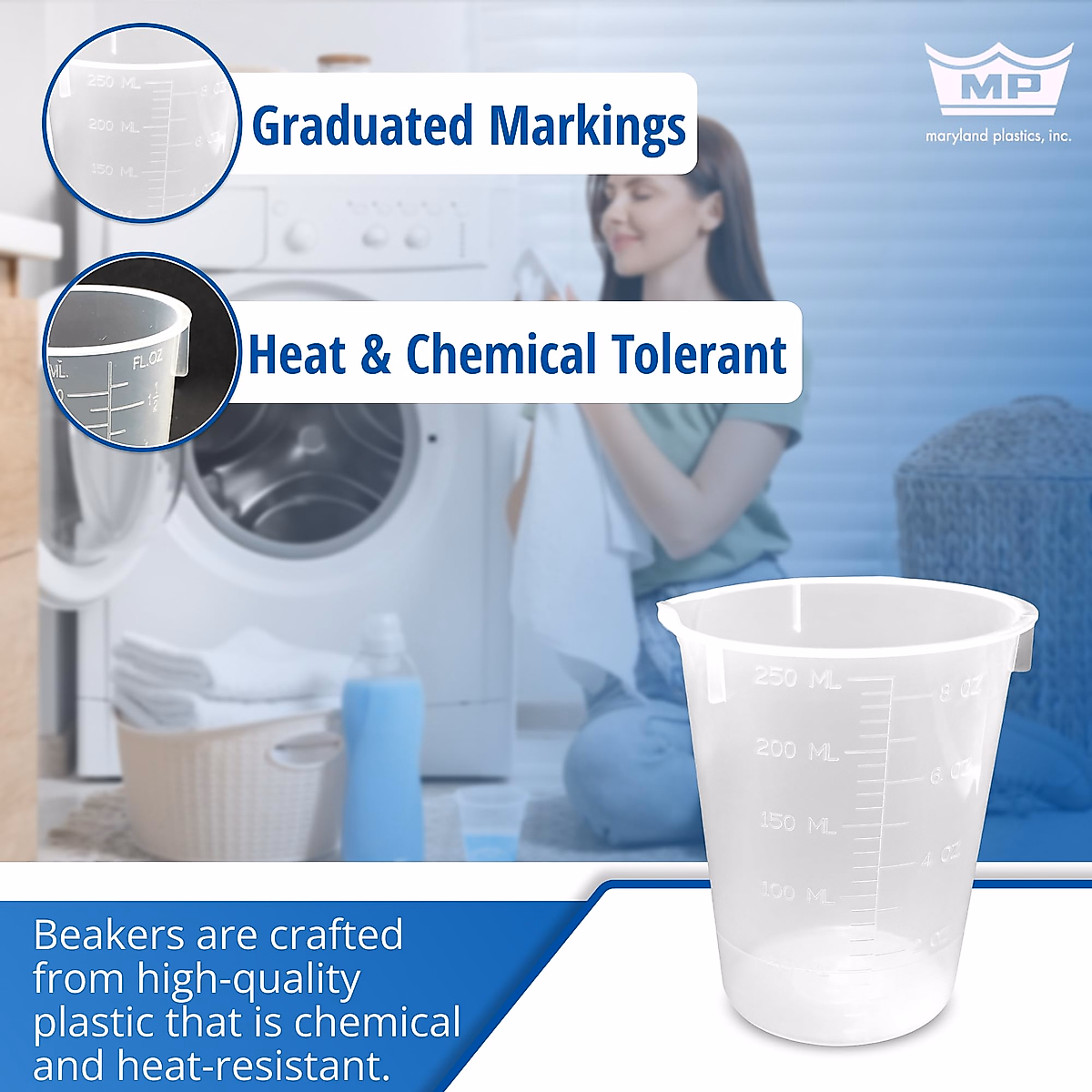 Plastic Beaker 250ml / 8.45 oz Set of 50 by Maryland Plastics – Clear Graduated Disposable Beakers with Pour Spout – Perfect for Resin Mixing, Science Labs, and Home Use