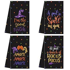 peony man Set of 4 Halloween Kitchen Towels Witch Dish Towels Hocus Pocus Amuck Tea Towels Halloween Hand Towel Drying Cloth for Holiday Kitchen Bathroom Party Supplies, 18" x 26"