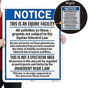 SmartSign 30" x 24" 'Notice - This Is An Equine Facility, Not A Spectator Area, Inherent Risk Law' Sign, 80 mil Aluminum, 3M Laminated Engineer Grade Reflective, Blue/Black/White, USA-Made