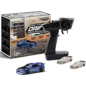 FLYCOLOR Turbo Racing 1:76 Scale Drift RC Car with Gyro Mini Full Proportional RTR 2.4GHZ Remote Control with 2 Replaceable Body Shell (C64-BLUE)