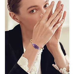 Amethyst Bangle Bracelet, Gold Plated Wire Wrap Natural Purple Crystal February Birthstone Bracelet Cuff for Women, Handmade Adjustable Irregular Raw Gemstone Large Wrists, 0.8’’~1.4’’
