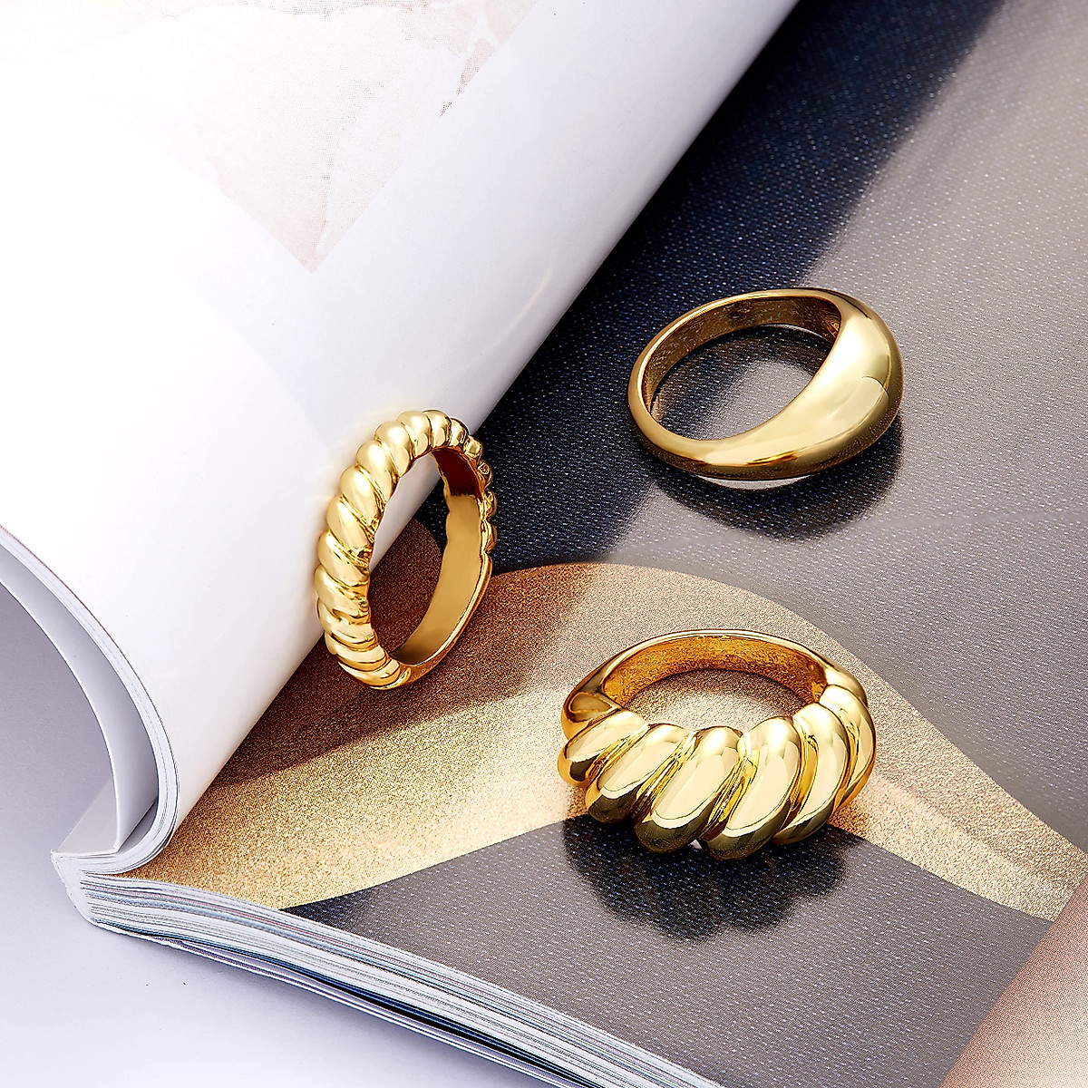 LANE WOODS Chunky Ring Set: 14k Gold Plated Croissant Braided Twisted Dome Ring Jewelry for Women Men