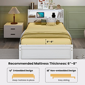 Giantex Twin Bed Frames with Storage Headboard, Wood Platform Bed with Charging Station & LED Light, Single Bed with Slats Support, Under-Bed Space, Twin Bed Frames for Kids Girls Boys (White)