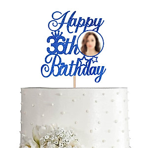 Blue 36 Photo Birthday Cake Topper, Glitter Women Men Happy 36th Birthday Decoration With Photo Frame, Party Photo Props