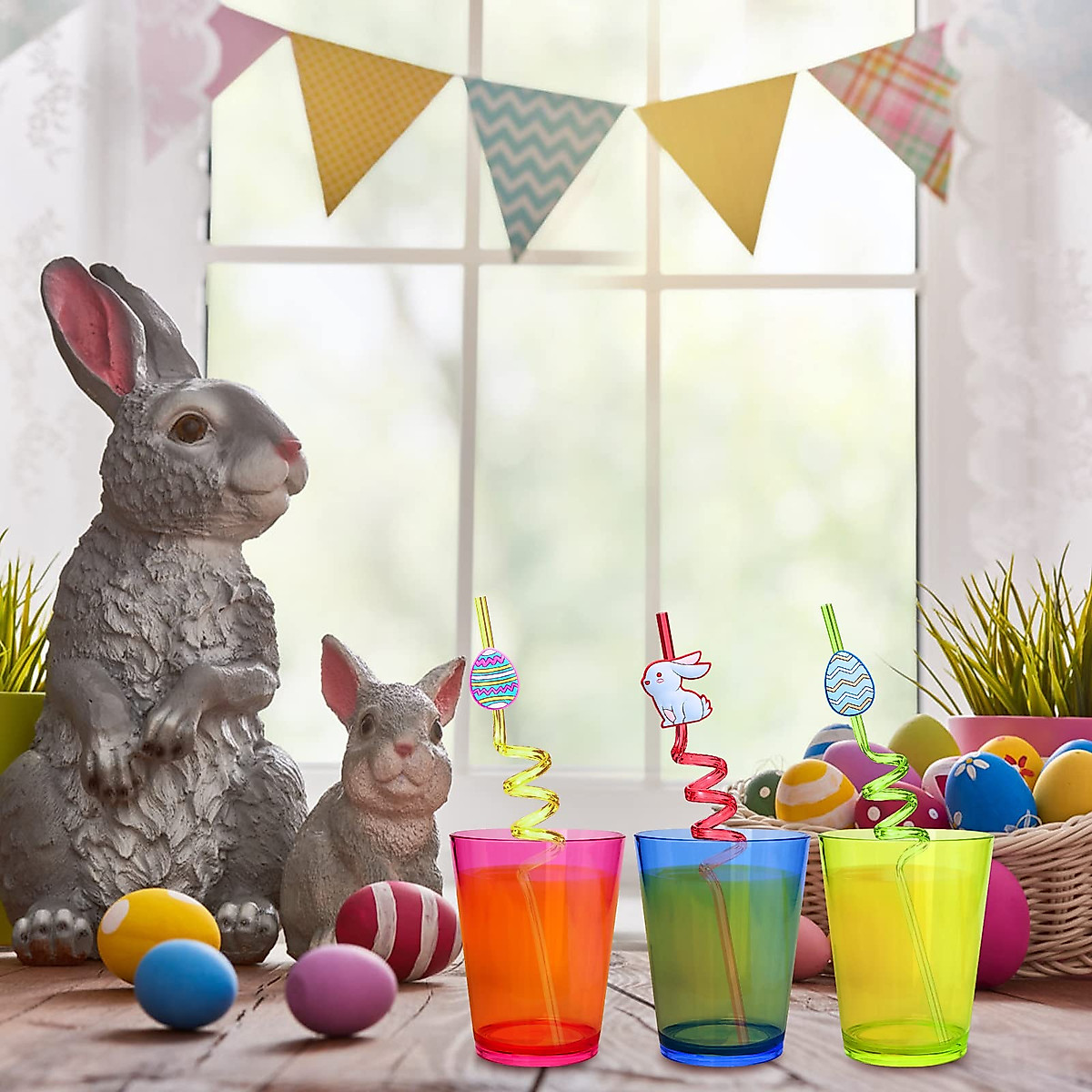 24 Easter Party Favors Easter Eggs Bunny Carrot Chicken Cow Sheep Drinking Straws for Kids Easter Gifts,Easter Party Supplies Decorations with 2 PCS Straws Cleaning Brush