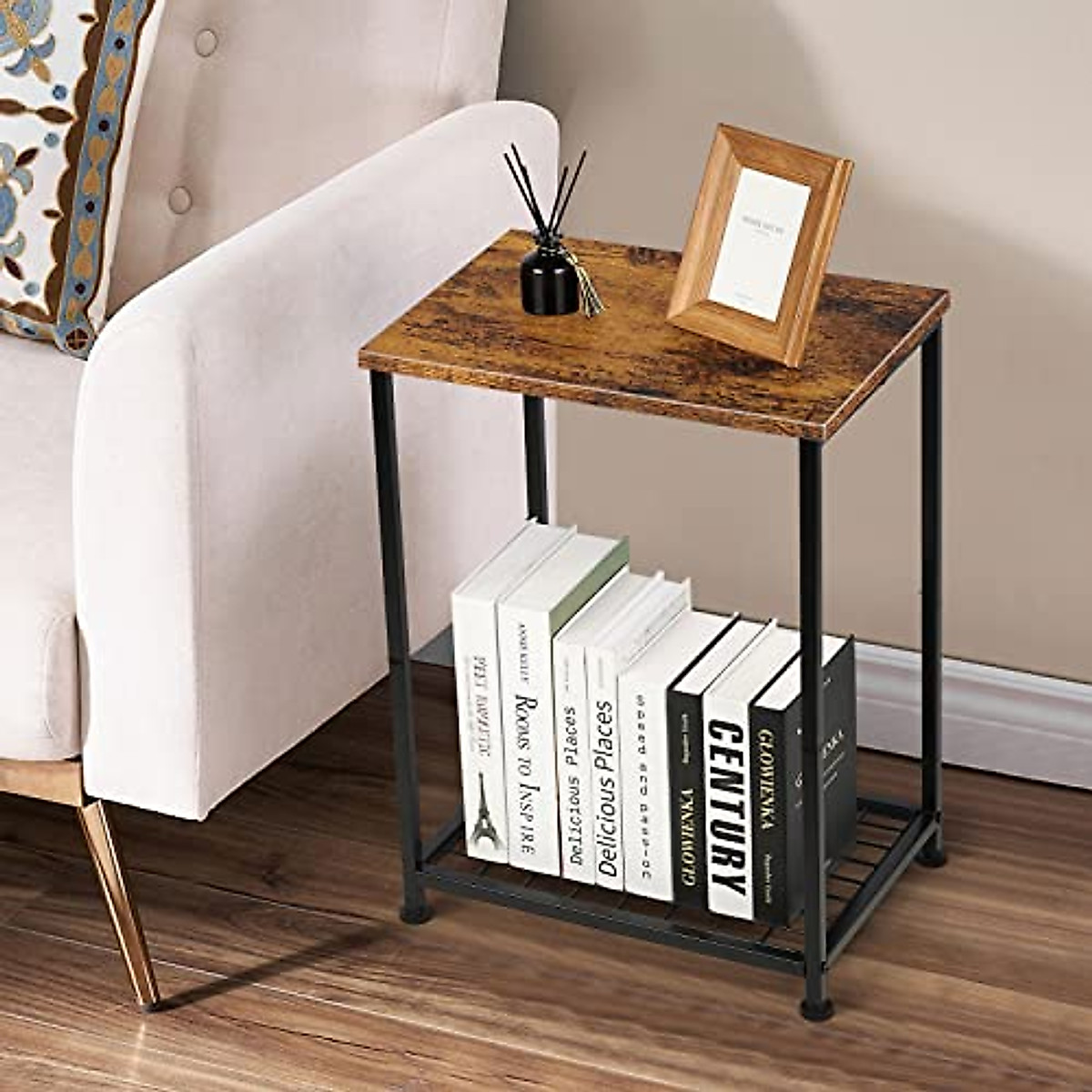 DOMYDEVM Nightstand Set of 2, 2 Tier Small End Table with Open Storage Shelf, Industrial Side Bedside for Bedroom Living Room Office Farmhouse, Rustic Brown and Black