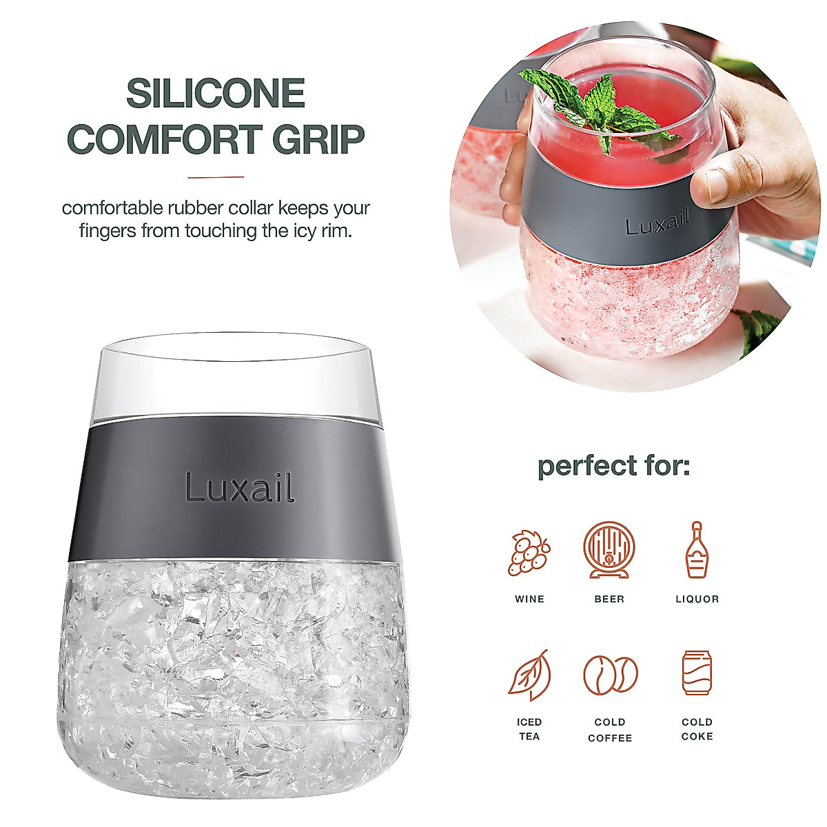 Freezer Wine Cups, Set Of 2, Grey, Plastic Double Wall Insulated Wine Cooling Glasses, Freezable Drink Mug Tumbler with freezing Gel, Wine glasses for Red and white Wine, 8.5 Oz Gift Essentials