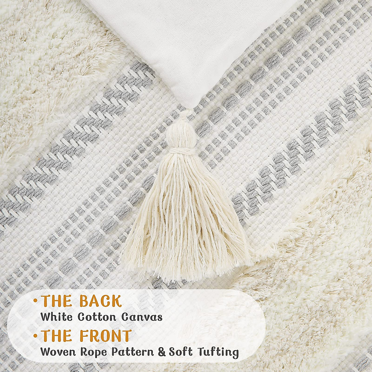 decorUhome Decorative Boho Throw Pillow Covers 12x20, Lumbar Accent Neutral Tufted Pillow Covers for Couch Bed Sofa, Textured Striped Woven Pillow Covers, Beige and Cream White, Pack of 1