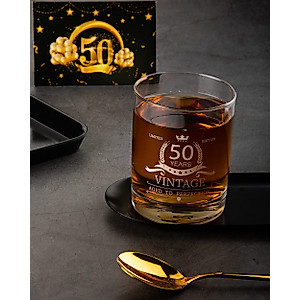 PUGED 50th Birthday Gift Set for Men or Women with Gift Package Vintage 12 oz Whiskey Glass and 49 + One Middle Finger 18 oz Stemless Wine Glass