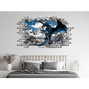 Blue Dragon Wall Decal, Mountains Removable Vinyl Sticker, Dragon Wall Mural, Peel and Stick, Dragon Bedroom Decor NT23