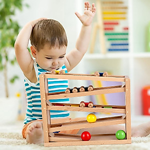 Qilay Wooden Race Track Car Ramp Racer Toy for Toddlers, 5 Level Race Car Ramp Toy Set includes 4 Wood Cars and 3 Balls,Great Building Learning Toys or 3+ Years Old Boy and Girl