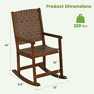 Tangkula Outdoor Rocking Chair, All Weather PU Seat & Rubber Wood Frame Porch Rocker, Safe & Smooth Rocking Motion, Ergonomic Patio Rocking Chair for Garden, Lawn, Balcony, Indoor (1, Brown)