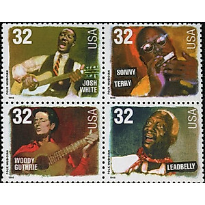 FOLK MUSICIANS ~ JOSH WHITE ~ SONNY TERRY ~ WOODY GUTHRIE ~ LEADBELLY #3215a Block of 4 x 32¢ US Postage Stamps