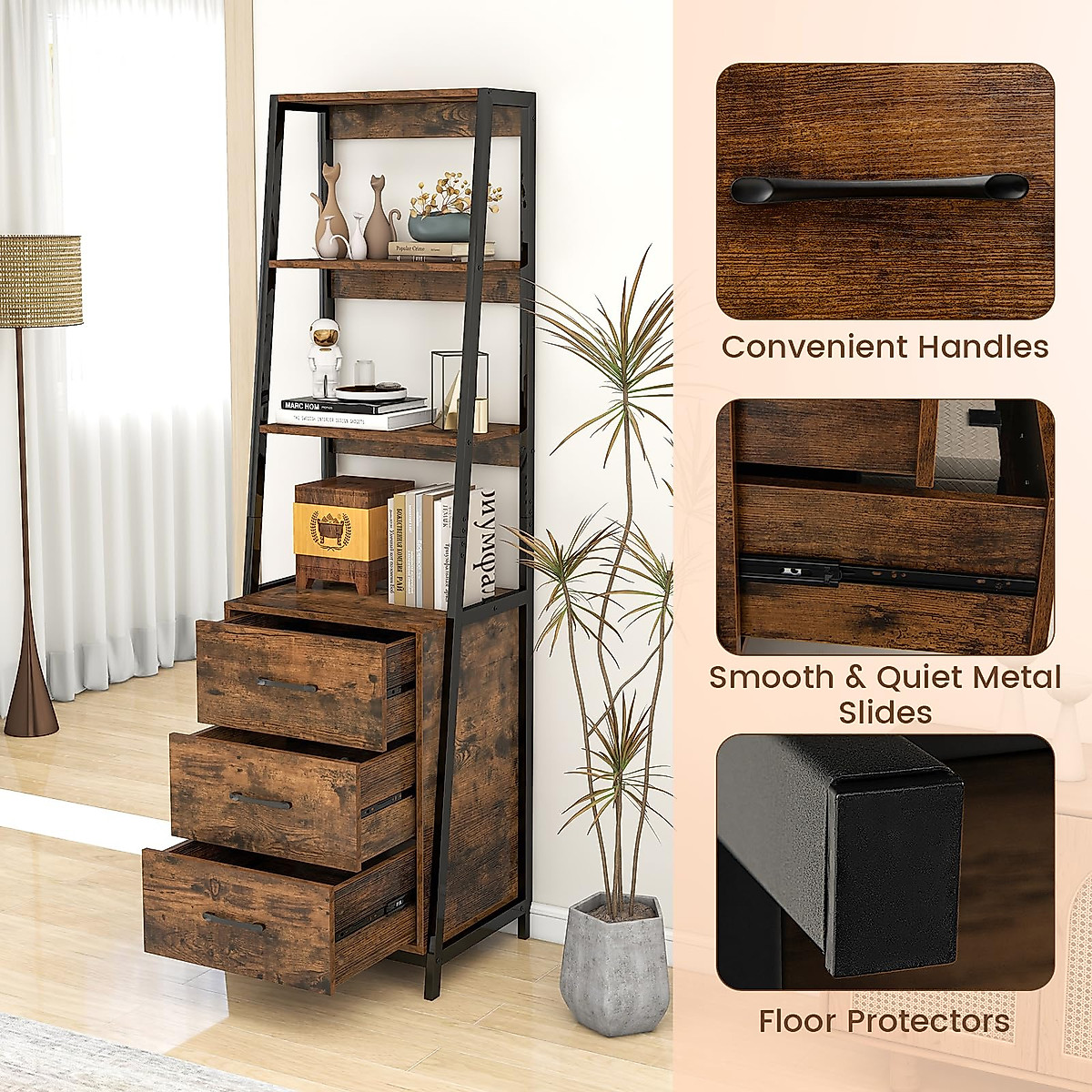 Giantex Ladder Bookshelf with Drawers, 69" Tall Wooden Bookcase with 4 Shelves, Modern Book Shelf Storage Organizer Unit, Freestanding Display Shelving Rack for Living Room, Bedroom (Rustic Brown)