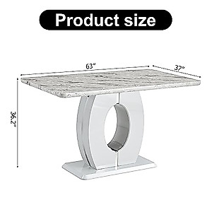 Ginxesh Modern Faux Marble Dining Table for 6,63'' Large Grey Imitation Marble Grain Kitchen Table with MDF Pedestal,Rectangular Oval Marble Dining Table for Dining Room,Living Room,Home,Office