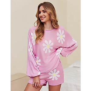 Ekouaer Knit Pajamas Set for Women Lounge Sets 2 Piece Long Sleeve Top and Shorts Pj Soft Sleepwear Cute Sweater Outfits Floral Pink XL