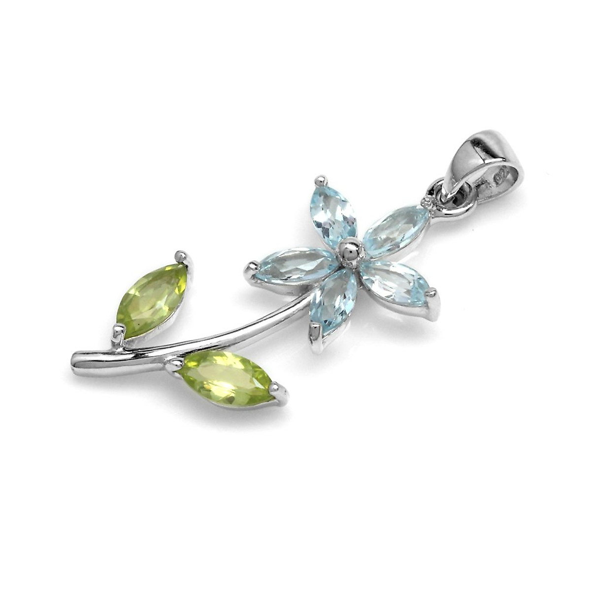 Silvershake Genuine Blue Topaz and Peridot 925 Sterling Silver Flower Leaf Pendant with 18 Inch Chain Necklace