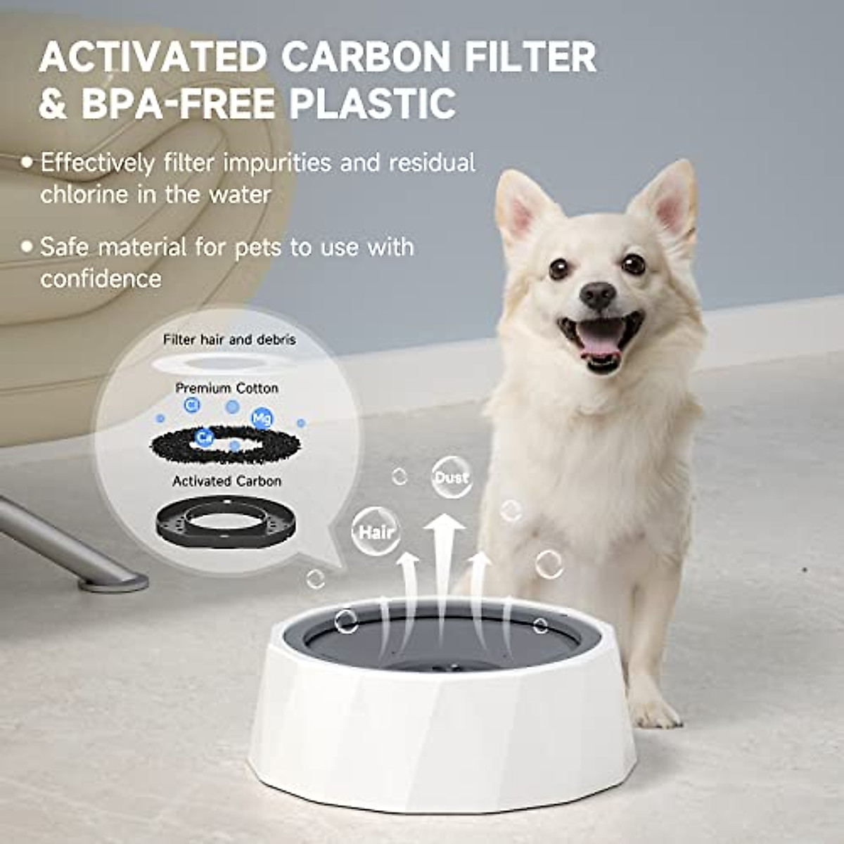 ELS PET Dog Bowl No Spill, Pet Water Bowl No Drip Slow Water Feeder Cat Bowl, Pet Water Dispenser 70oz/2L Large Capacity Travel Water Bowl for Dogs, Cats (Grey with Filter, 1L)