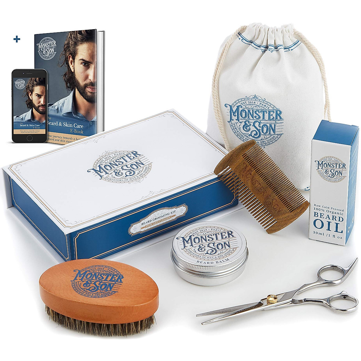 Monster&Son Premium 7-Item Organic Beard Kit - Beard Oil, Beard Balm, Beard Brush, Beard Comb, Scissors, Canvas Travel Bag - Male Grooming Kit in Gift Box - Great Mens Birthday Gift - Father's Day
