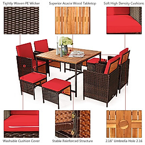 Tangkula 9 Pieces Acacia Wood Patio Dining Set, Space Saving Wicker Chairs and Wood Table with Umbrella Hole Outdoor Furniture Set, Suitable for Garden, Yard, Poolside, Outdoor Seating Set