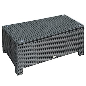 Ousunny Patio Furniture, Wicker Coffee Table, Hand-Woven PE Rattan Side Table with a Tempered Glass Top, 33.5" x 19.75", Black