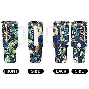 Skull Sailing Ship Parrot Coconut Tree 40oz Water Bottle Double Wall Insulated Tumbler with Handle Leakproof Travel Mug White-style