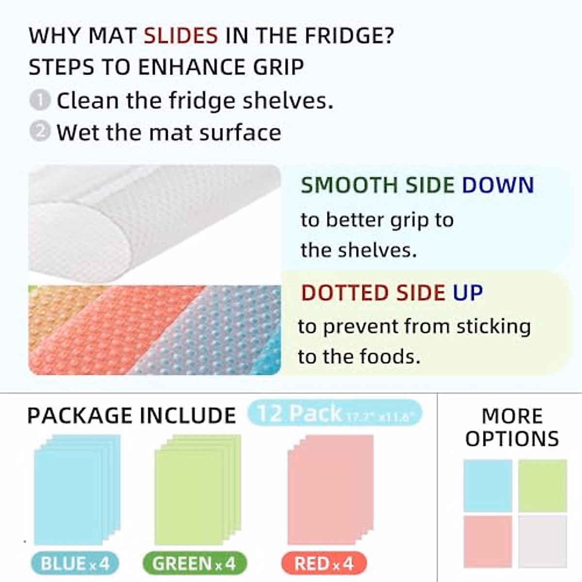 12 Pcs Refrigerator Liners, CR Washable Mats Covers Pads, Home Kitchen Gadgets Accessories Organization for Top Freezer Glass Shelf Wire Shelving Cupboard Cabinet Drawers (4 Blue+4 Green+4 Red)