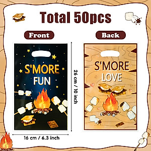 ArowlWesh S’more Camping Party Favor Bags - 50Pcs Plastic S’more Love Candy Treat Gift Bag with Handles Fun Snack Goodie Bags Campfire Camping Party S’more Birthday Supplies Baby Shower Wedding Decor